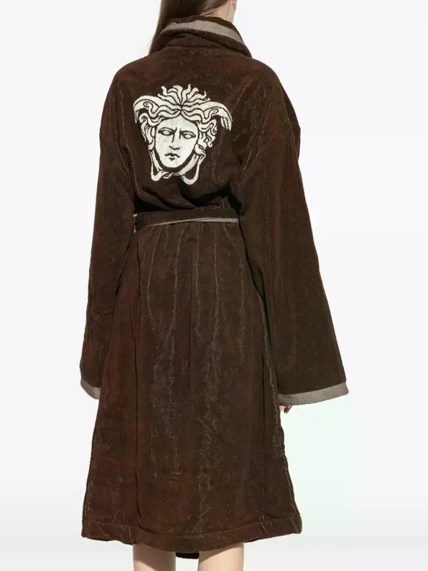 Versace Embroidered-graphic Cotton Bathrobe - Brown