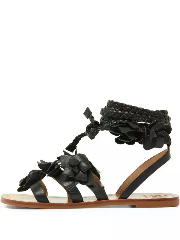 Tory Burch Floral Embellished Flat Sandals - Black