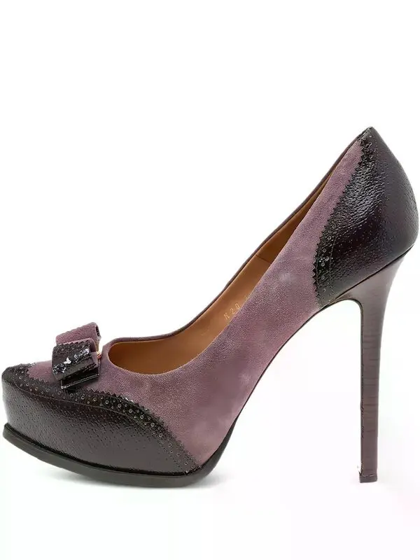FERRAGAMO Leather And Suede Pointed Toe Bow Detail Platform Pumps