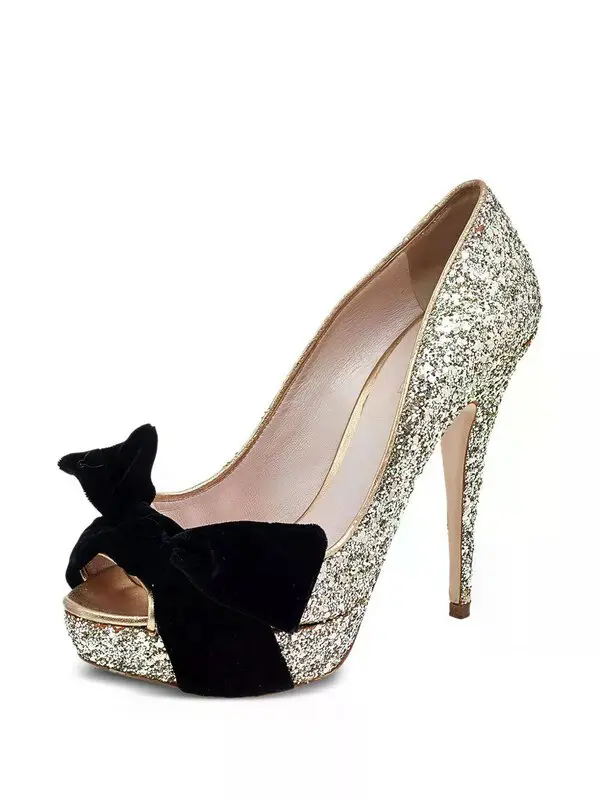 Miu Miu 130mm Glitter Platform Pumps With Bow Detailing