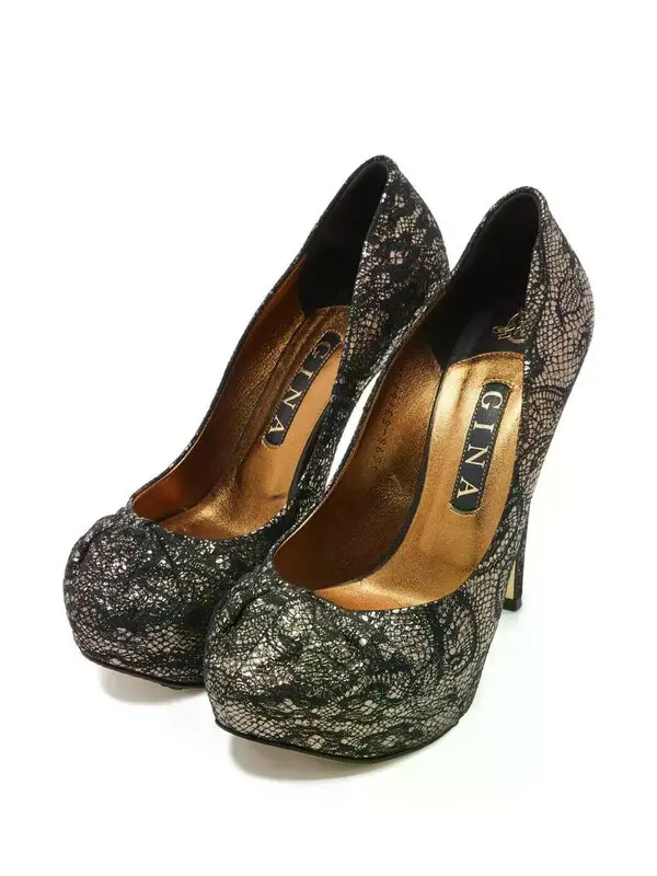 GINA Black Embroidered Lace Peep-toe Platform Heels