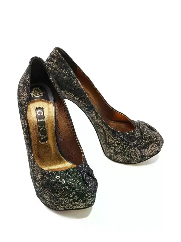 GINA Black Embroidered Lace Peep-toe Platform Heels