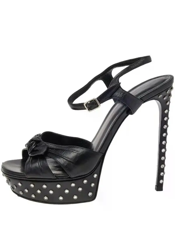 Saint Laurent Leather Studded Bow Platform Stiletto Sandals - Black