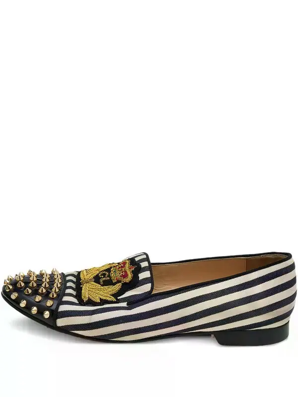 CHRISTIAN LOUBOUTIN Harvanana Striped Canvas Loafers With Studs - Neutrals