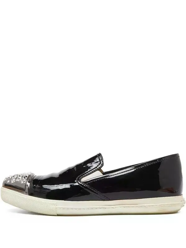 Miu Miu Patent Leather Embellished Pointed Toe Slip-on Sneakers