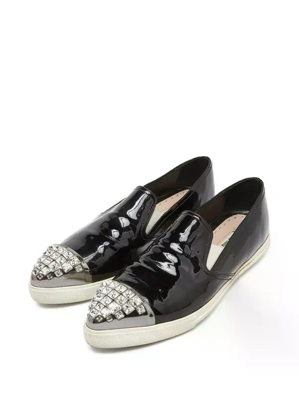Miu Miu Patent Leather Embellished Pointed Toe Slip-on Sneakers