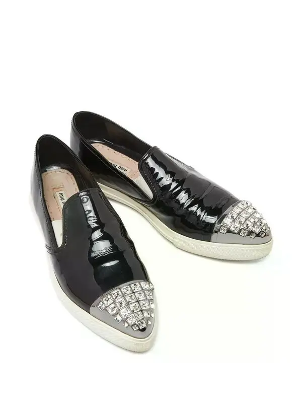 Miu Miu Patent Leather Embellished Pointed Toe Slip-on Sneakers