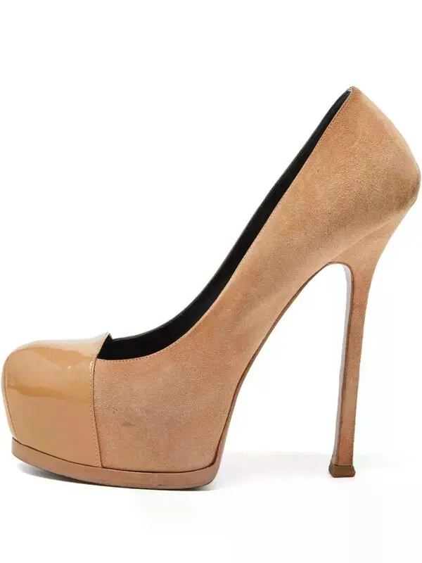 Saint Laurent Beige Suede Platform Pumps With Patent Cap Toe