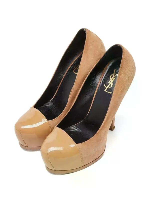 Saint Laurent Beige Suede Platform Pumps With Patent Cap Toe
