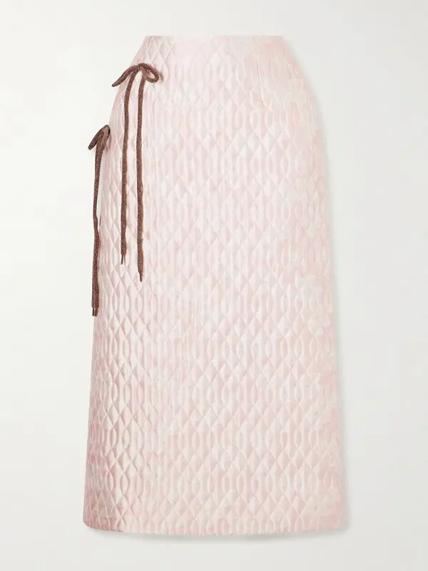 Simone Rocha Bow-detailed Chenille-trimmed Quilted Printed Satin Midi Skirt - Pink