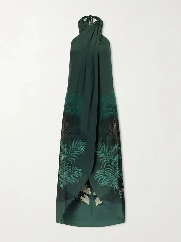 Johanna Ortiz Silent Water Printed Silk Crepe De Chine Halterneck Top - Green