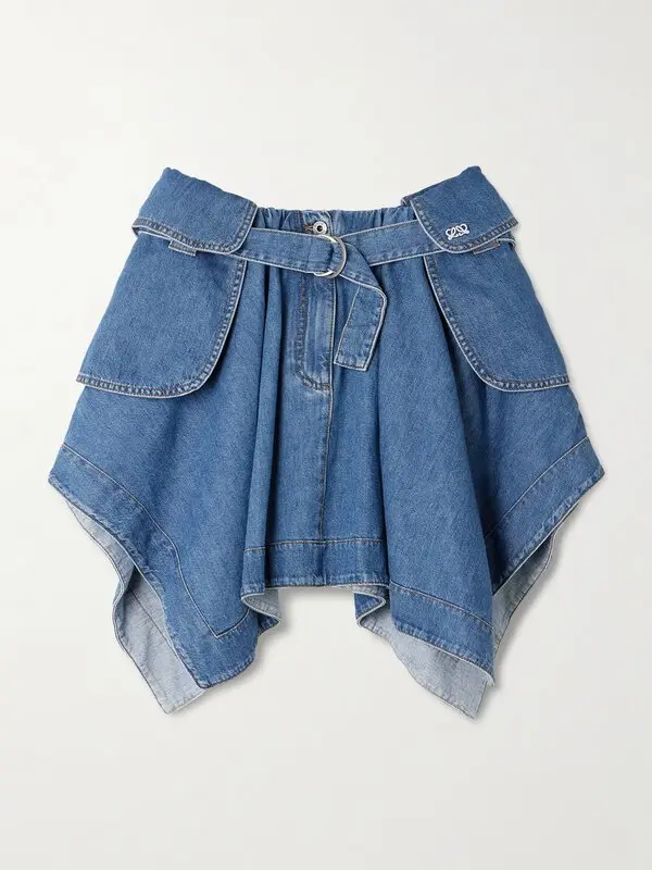 Loewe Belted Asymmetric Draped Embroidered Denim Mini Skirt - Blue