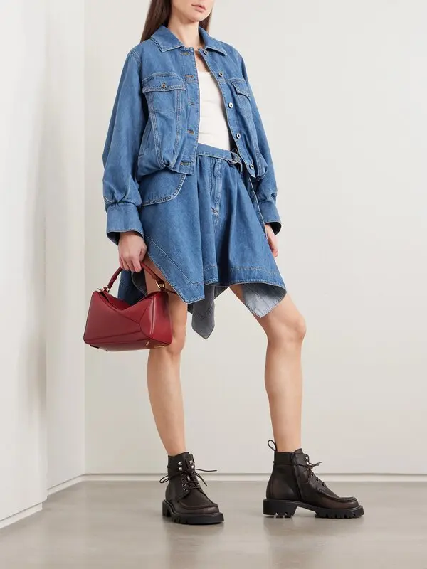 Loewe Belted Asymmetric Draped Embroidered Denim Mini Skirt - Blue