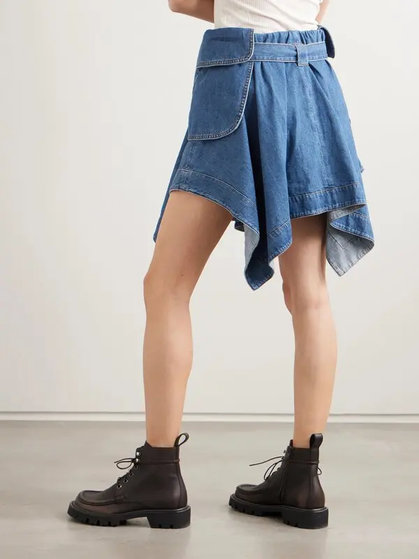 Loewe Belted Asymmetric Draped Embroidered Denim Mini Skirt - Blue