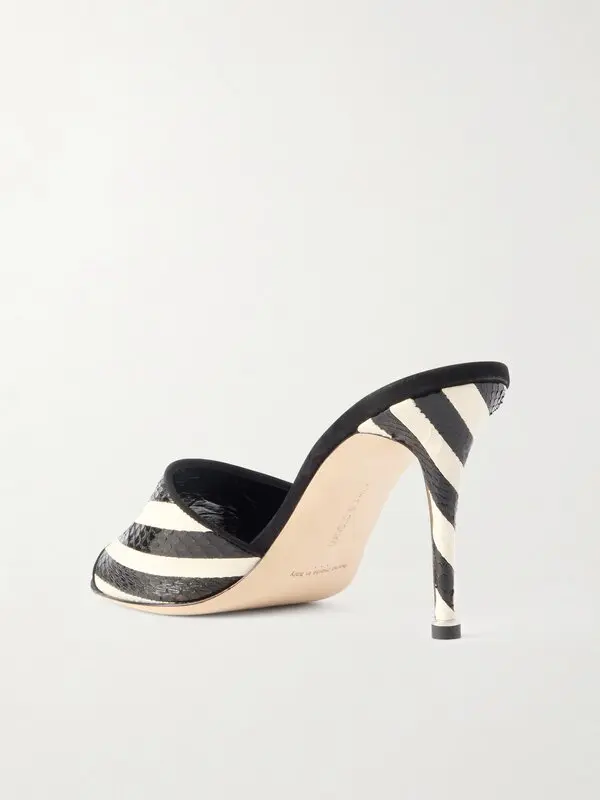 Manolo Blahnik Larache 90 Striped Elaphe Mules - Black