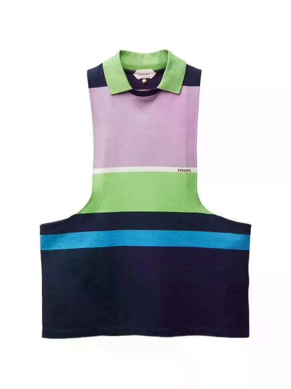 Versace Striped Cotton-jersey Tank Top With Polo Collar - Blue