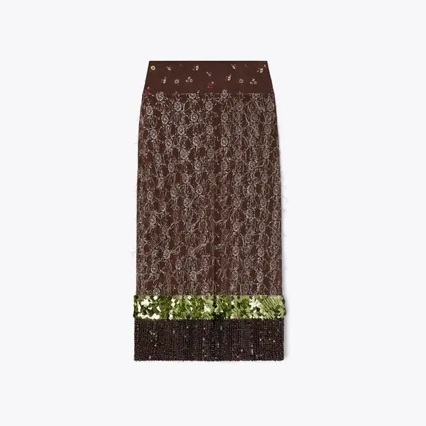 Tory Burch Embellished Lace Skirt - Coffee
