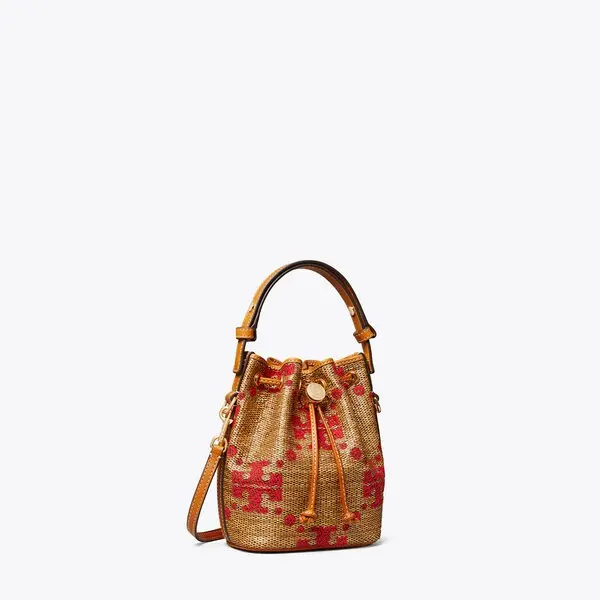 Tory Burch T Monogram Straw Mini Bucket Bag - Natural