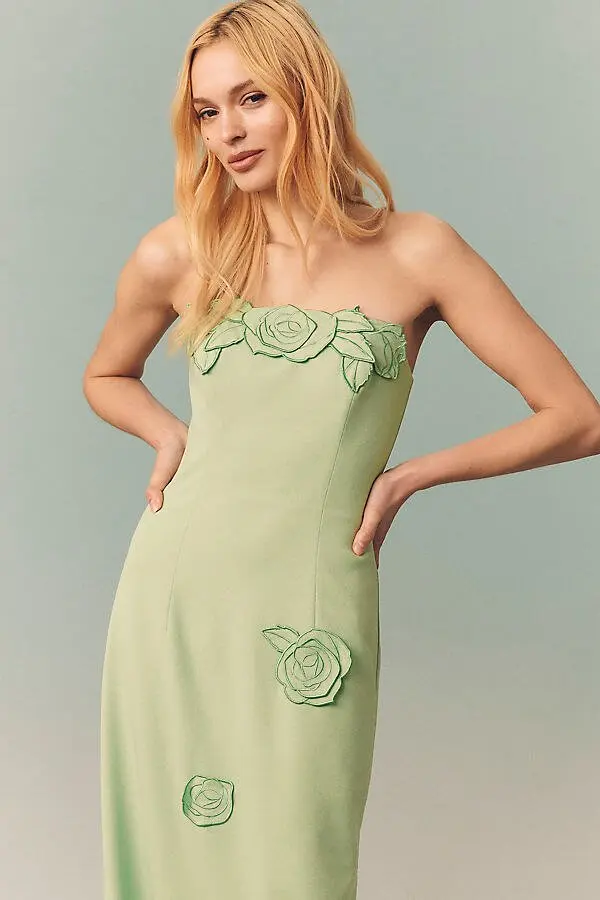 LEO LIN Rayna Floral Appliqué Crepe Maxi Dress - Juniper Green