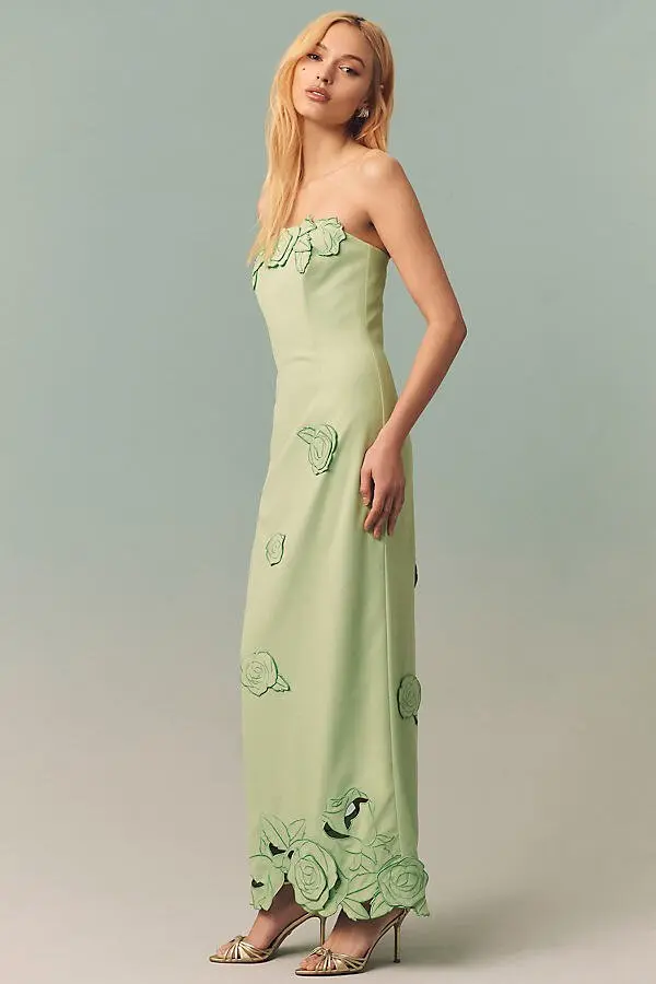LEO LIN Rayna Floral Appliqué Crepe Maxi Dress - Juniper Green