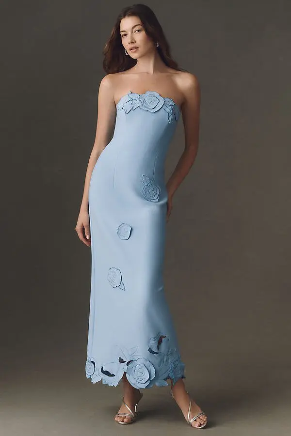 LEO LIN Rayna Floral Appliqué Crepe Maxi Dress - Light Blue