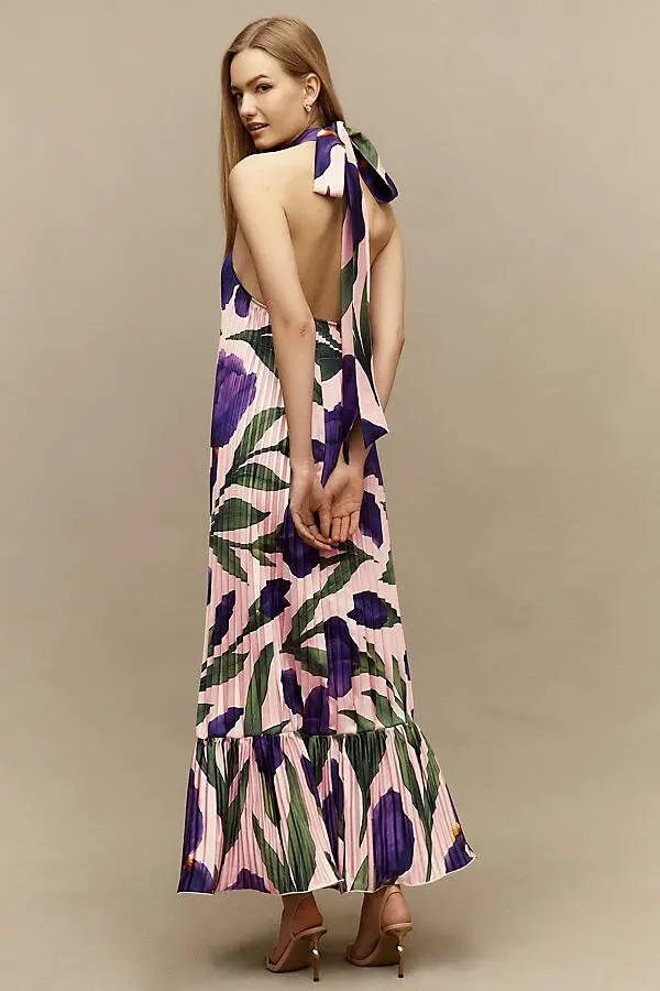Anthropologie L'idee Pleated Floral Maxi Gown