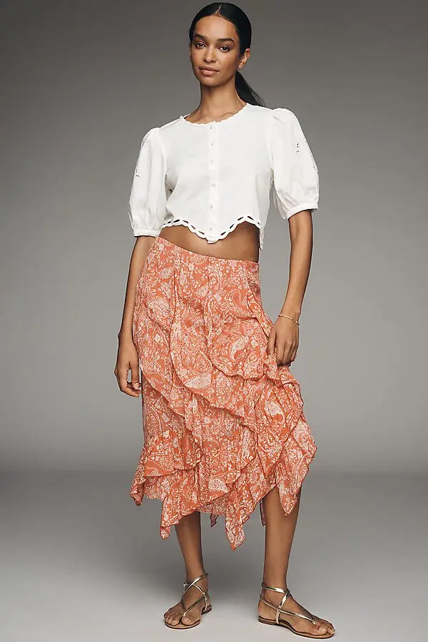 Anthropologie Ruffle Cascade Skirt - Pink Pattern