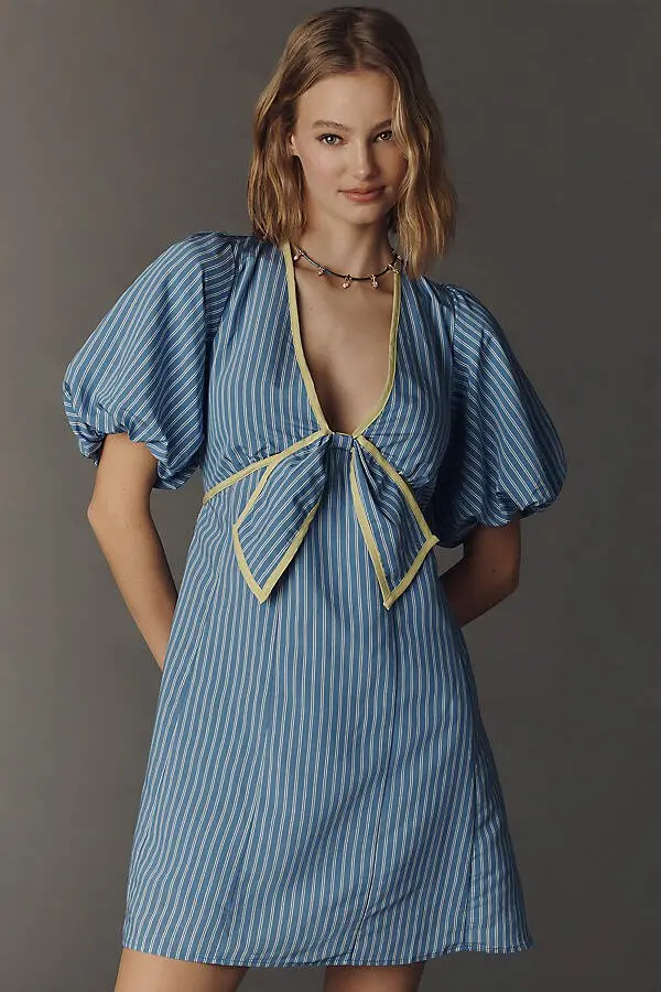 Anthropologie Short-sleeve Plunge Mi Dress - Blue Stripe
