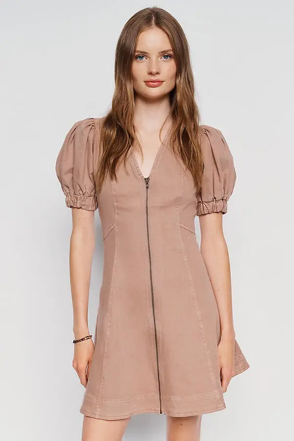 PILCRO Calder Puff-sleeve Denim Mini Dress - Tan