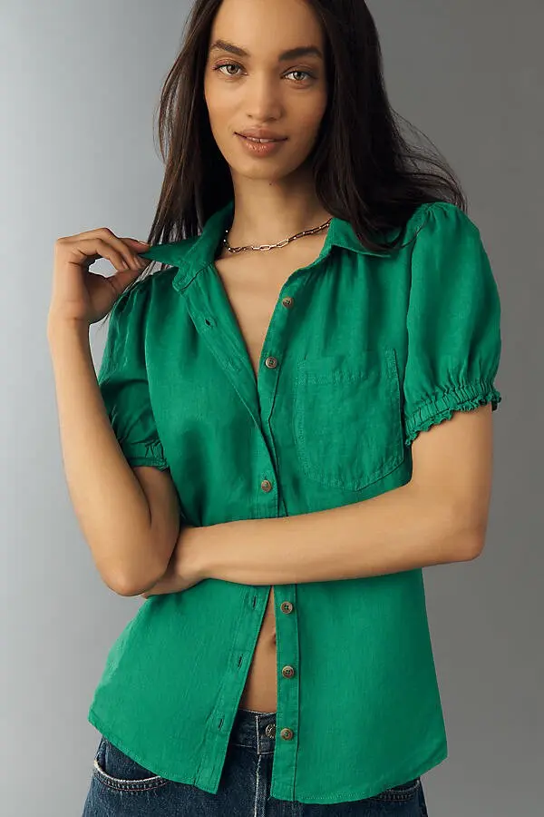 PILCRO Aly Puff-sleeve Linen Blouse - Bright Green