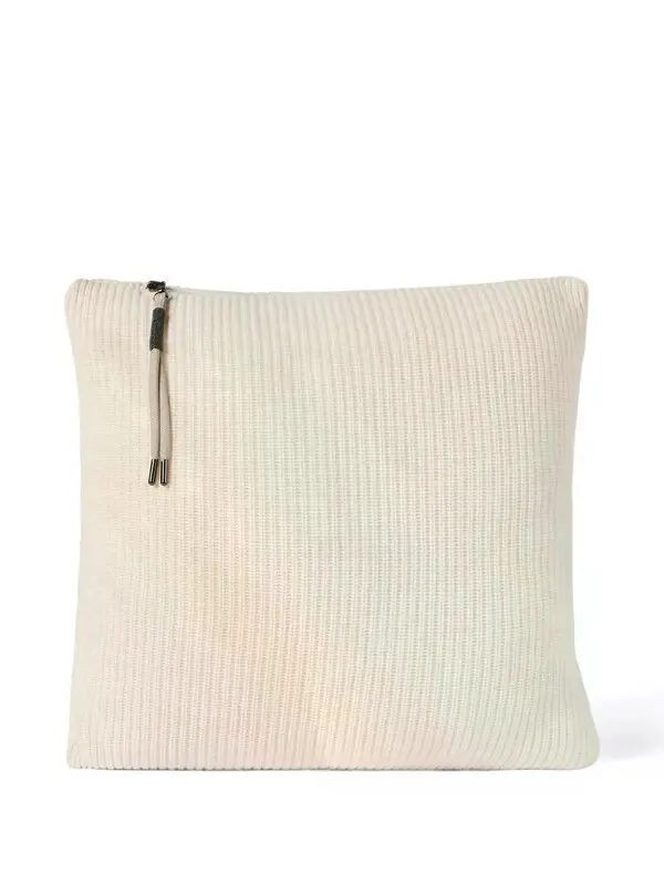 Brunello Cucinelli Cashmere English Rib Knit Cushion With Shiny Zipper Pull - Neutrals