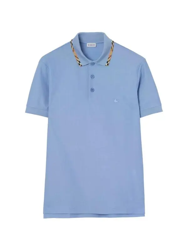 Burberry Check Trim Cotton Polo Shirt - Blue