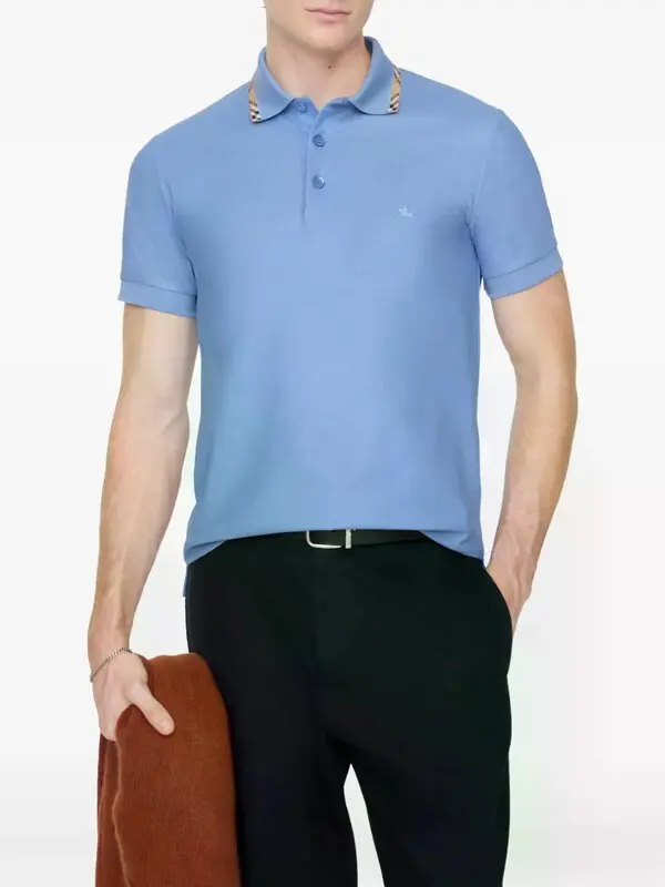 Burberry Check Trim Cotton Polo Shirt - Blue