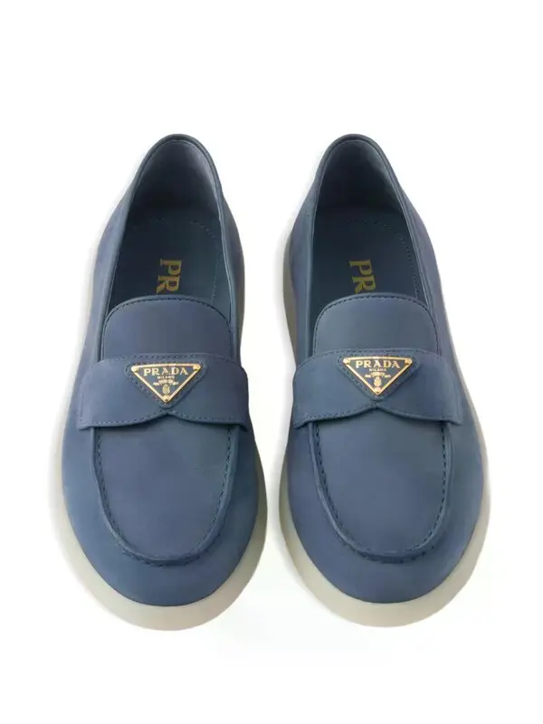 Prada Nubuck Leather Loafers With Enameled Triangle Logo - Blue