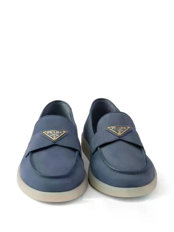 Prada Nubuck Leather Loafers With Enameled Triangle Logo - Blue