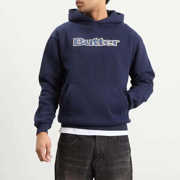 BUTTER GOODS Plaid Logo Applique Hoodie - Navy
