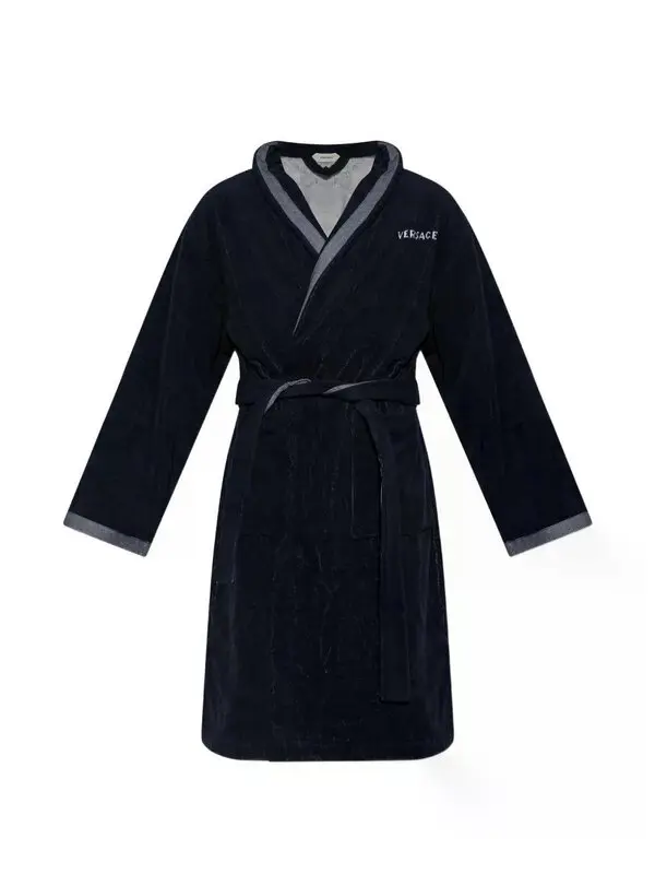 Versace Embroidered-graphic Cotton Bathrobe - Blue