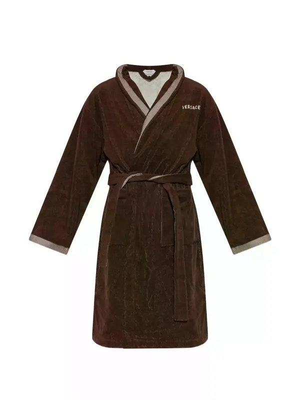 Versace Embroidered-graphic Cotton Bathrobe - Brown