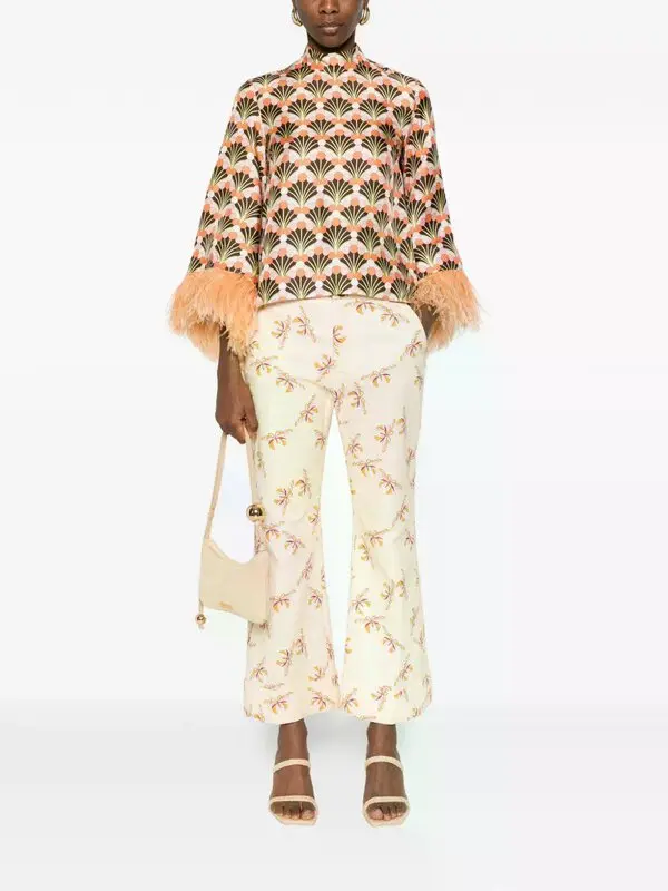 La DoubleJ Feather-trimmed Printed Top - Brown