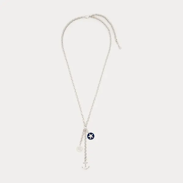 Ralph Lauren Sterling Silver Anchor Lariat Necklace - Navy