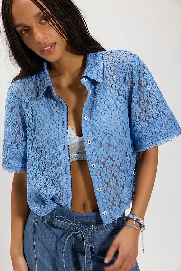 Free People Mannie Lace Button Down - Blissfull Blue