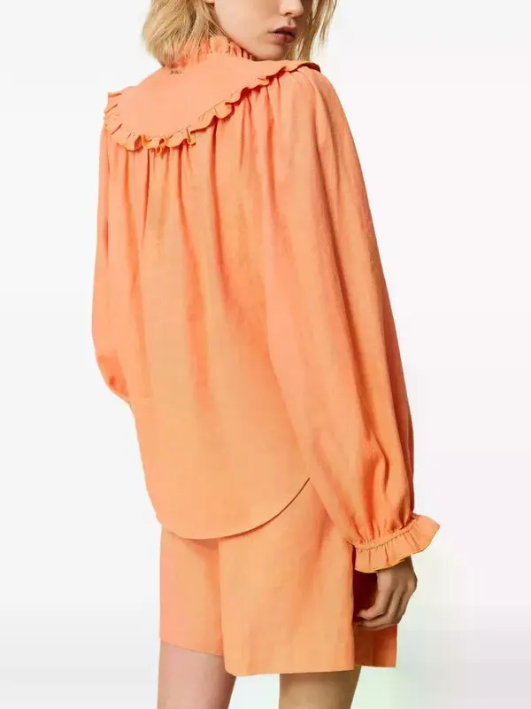 TWINSET Linen Blend Blouse With Micro Ruffles And Contrasting Trim