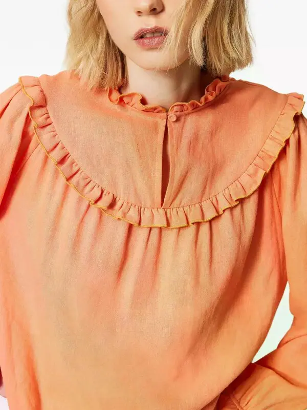 TWINSET Linen Blend Blouse With Micro Ruffles And Contrasting Trim