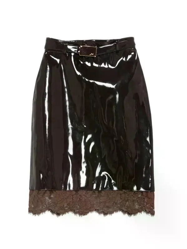 ROWEN ROSE Belted Lace-detail Midi Skirt - Brown