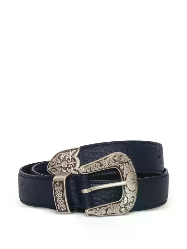 ORTIGNI Floral-engraved Leather Belt - Blue