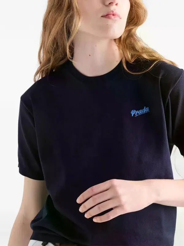 Prada Silk Crew Neck Short Sleeve Sweater With Jacquard Logo - Blue