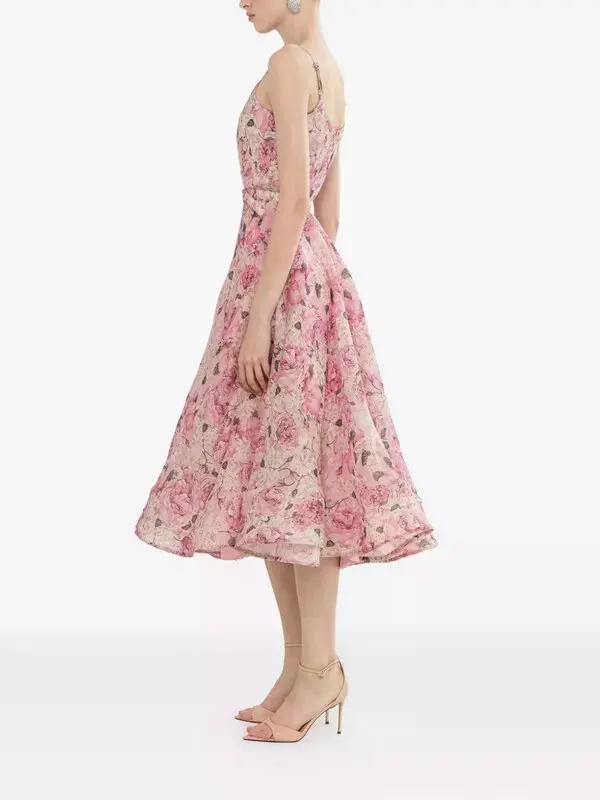 NISSA Floral Print Silk Linen Midi Dress With Belt