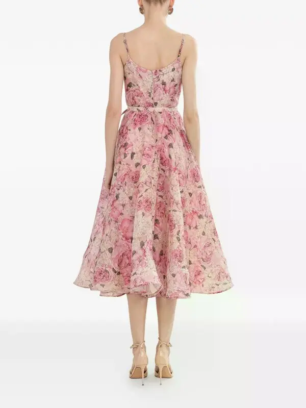NISSA Floral Print Silk Linen Midi Dress With Belt