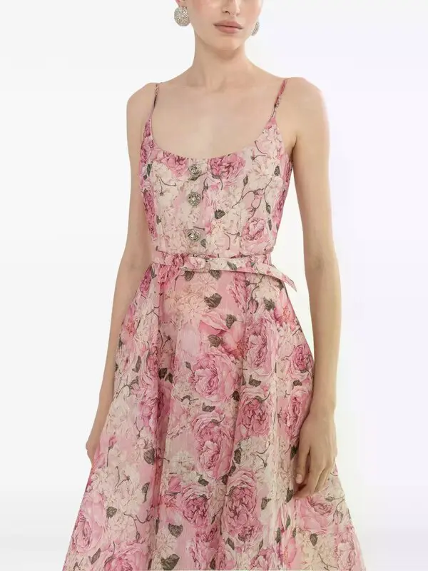 NISSA Floral Print Silk Linen Midi Dress With Belt