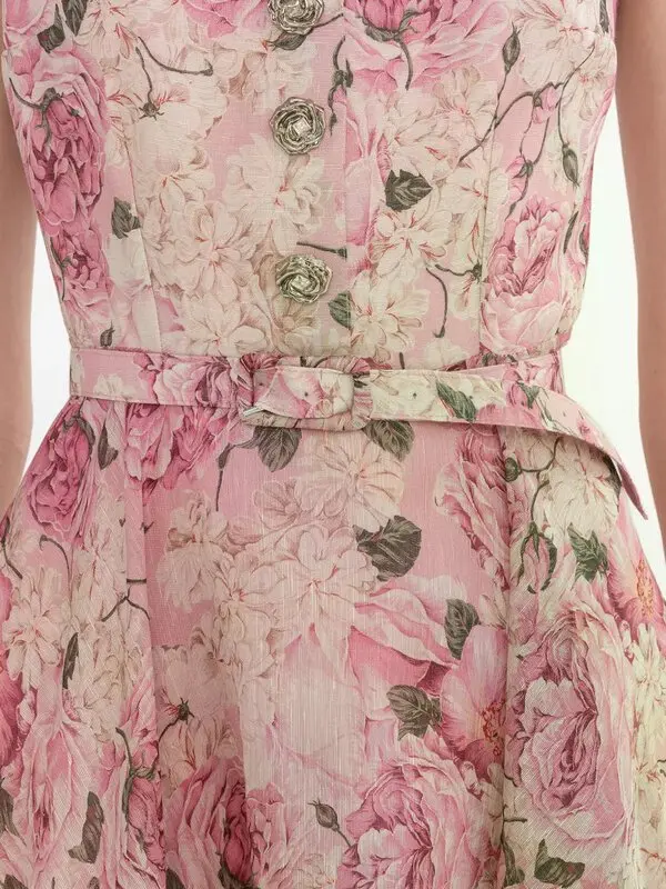 NISSA Floral Print Silk Linen Midi Dress With Belt